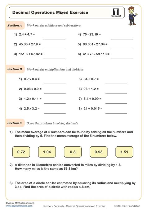 decimal operations mixed exercise worksheet printable pdf decimals