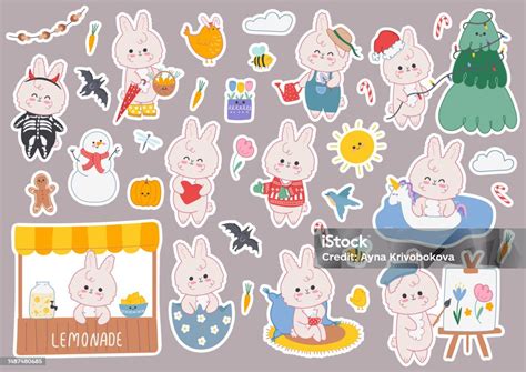 벡터 스티커는 다양한 활동과 계절을 가진 귀여운 토끼입니다 수영장 반지가 달린 토끼 토끼는 크리스마스 트리 할로윈 부활절 토끼 등을 장식합니다 포스터 스크랩북을 위한 귀여운