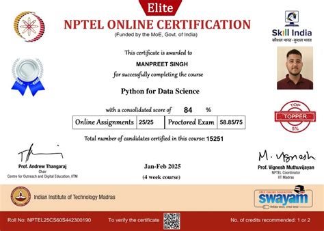 Completed The Python For Data Science Course Offered By Iit Madras Through Nptel Swayam