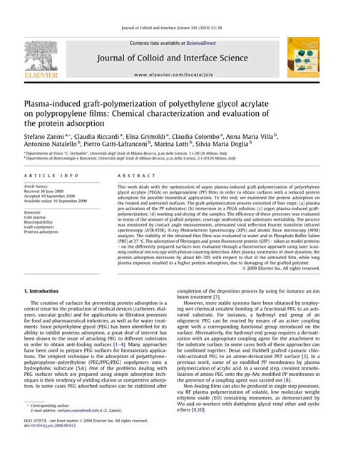 Pdf Plasma Induced Graft Polymerization Of Polyethylene Glycol Acrylate On Polypropylene Films