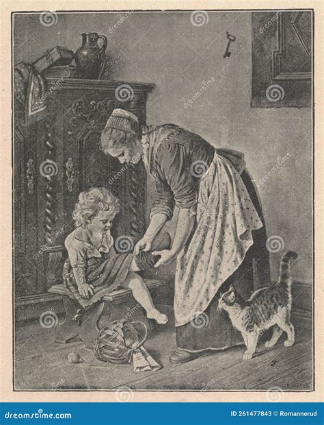 Black And White Antique Illustration Shows A Mother Putting Girland X27s