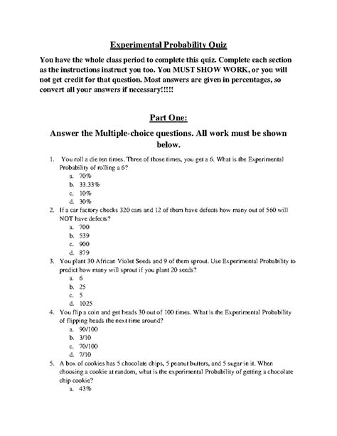 Experimental Probability Quiz Experimental Probability Quiz You Have