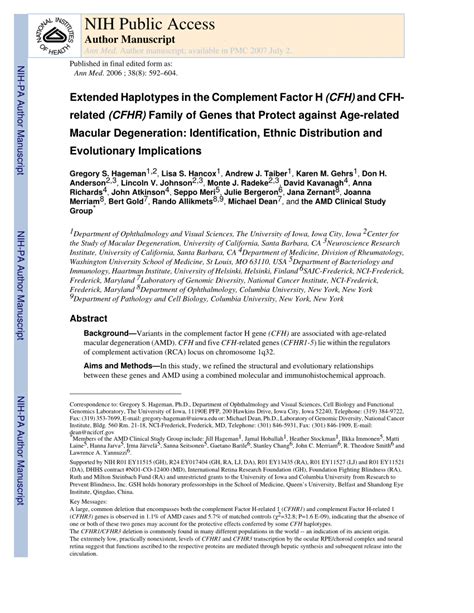 Pdf Extended Haplotypes In The Complement Factor H Cfh And Cfh