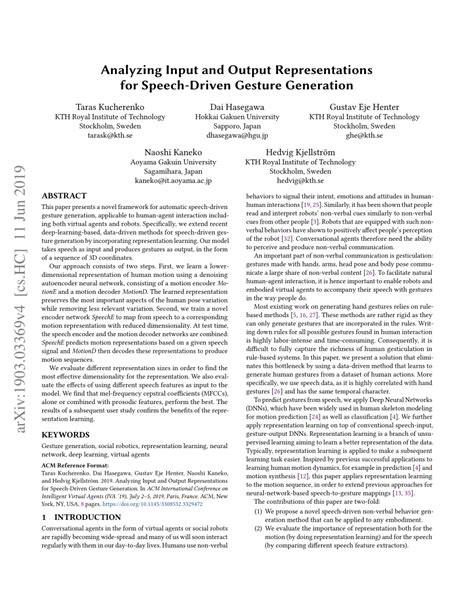 PDF Analyzing Input And Output Representations For Speech Driven Gesture Generation