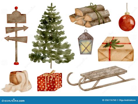 Watercolor Christmas Elements Set Hand Drawn Fir Tree Wooden Pointer T Box Sledge Pile