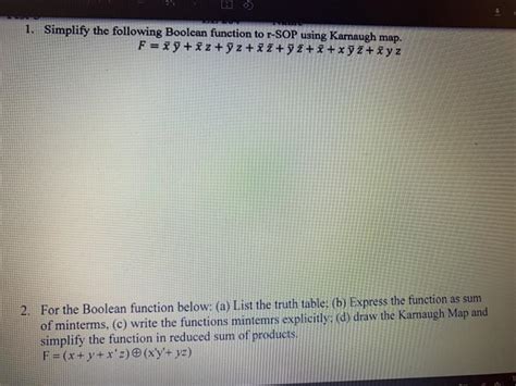 Solved 1 Simplify The Following Boolean Function To R Sop