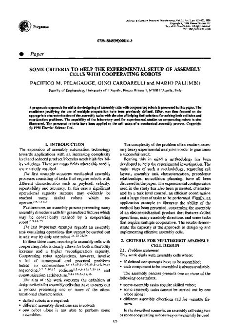 Pdf Some Criteria To Help The Experimental Setup Of Assembly Cells With Cooperating Robots