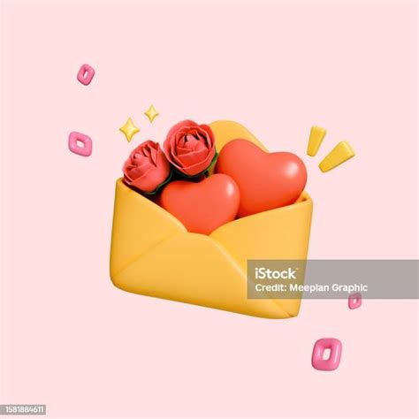 발렌타인 데이 인사 개념입니다 봉투와 빨간 하트와 장미는 분홍색 배경에 분리되어 있다 클리핑 패스 3d 렌더링 일러스트레이션 3