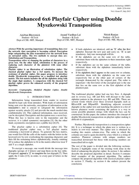 Enhanced 6x6 Playfair Cipher Using Double Myszkowski Transposition