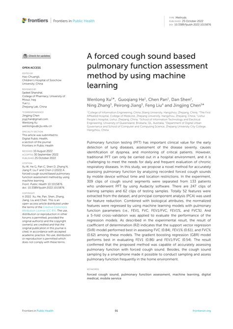 Pdf A Forced Cough Sound Based Pulmonary Function Assessment Method By Using Machine Learning