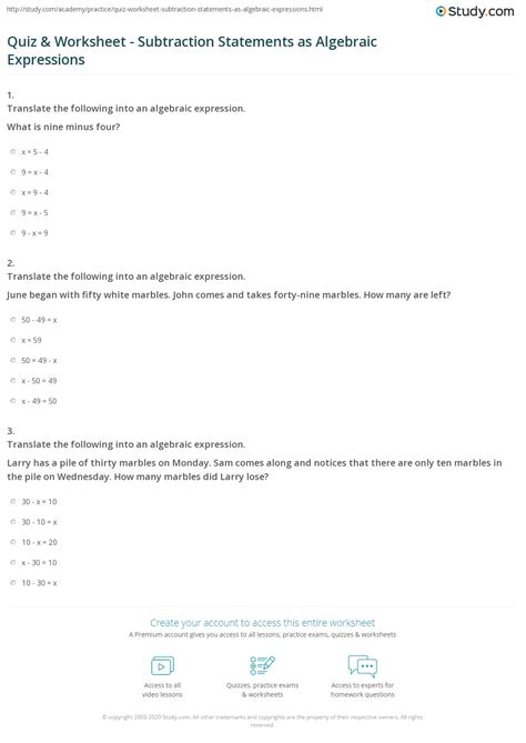 Quiz And Worksheet Subtraction Statements As Algebraic Expressions