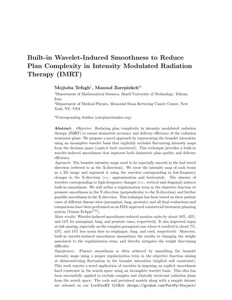 Pdf Built In Wavelet Induced Smoothness To Reduce Plan Complexity In Intensity Modulated