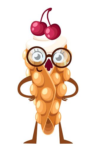 만화 스타일 캐릭터 디자인입니다 안경의 마스코트 홍콩 체리와 와플 휘 핑 크림 벡터 일러스트 레이 션 흰색 배경 웹 페이지 및 모바일 응용 프로그램 디자인에 고립 0명에