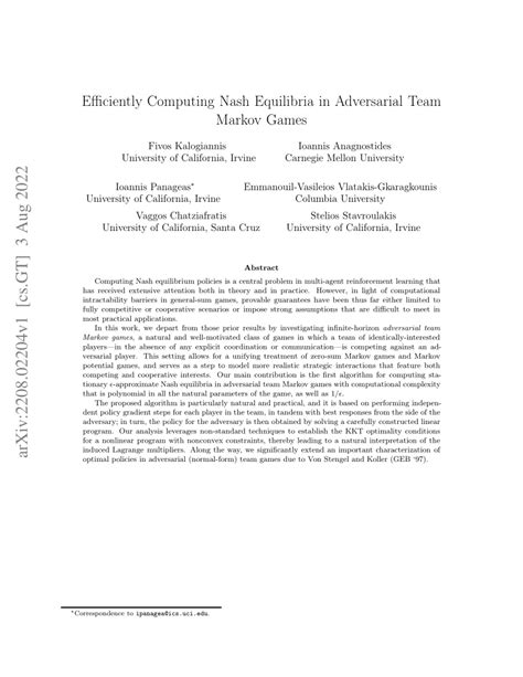 Pdf Efficiently Computing Nash Equilibria In Adversarial Team Markov