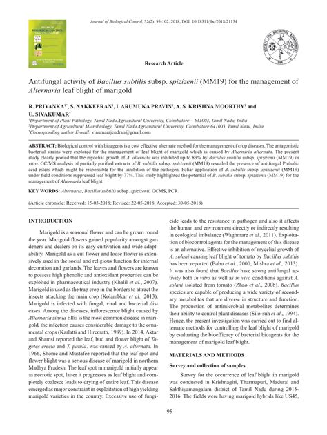 Antifungal Activity Of Bacillus Subtilis Subsp Spizizenii Mm19 For The Management Of