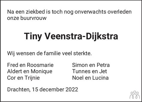 Tiny Veenstra Dijkstra 15 12 2022 Overlijdensbericht En Condoleances