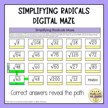 Simplifying Radicals Digital Maze By Mathwithmsrivera TPT
