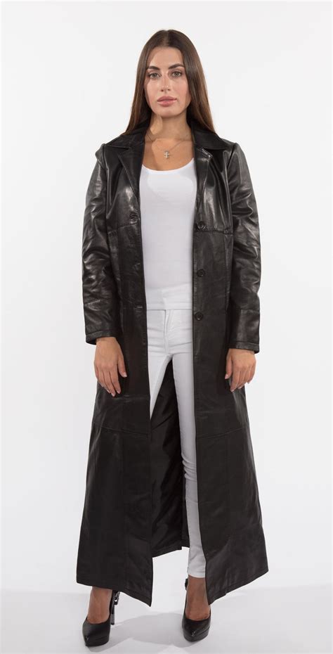 ladies 3 button matrix leather coat long trench fadcloset