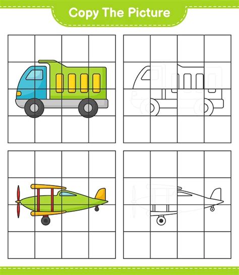 그림 복사 격자선을 사용하여 트럭 및 비행기의 그림 복사 교육용 어린이 게임 인쇄용 워크 시트 벡터 일러스트 레이션 프리미엄 벡터