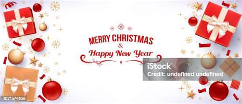 크리스마스 카드 인사말메리 크리스마스와 새 해 복 많이와 크리스마스 공 별 선물 상자 및 텍스트에 대 한 장소를 그림 전단지 포스터 저녁 식사 초대 배너 또는 새 해 전 야
