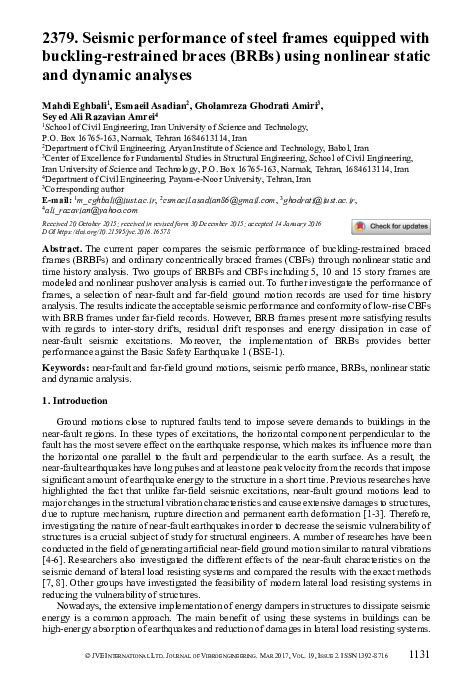 Pdf Seismic Performance Of Steel Frames Equipped With Buckling Restrained Braces Brbs Using