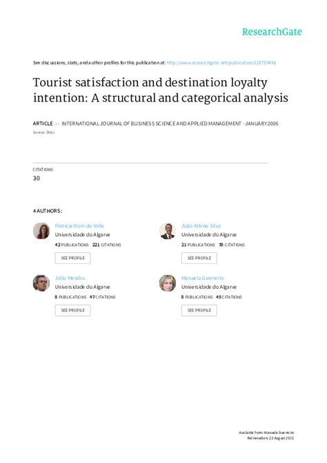 Pdf Tourist Satisfaction And Destination Loyalty Intention A Structural And Categorical Analysis