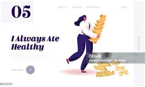 탄수화물 소스 웹 사이트 방문 페이지 주위에 다양한 종류의 파스타와 드라이 마카로니를 들고 여성 캐릭터 이탈리아 요리 건강 식품 메뉴 웹 페이지 배너 만화 플랫 벡터