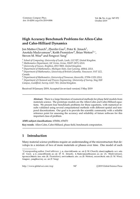 Pdf High Accuracy Benchmark Problems For Allen Cahn And Cahn Hilliard Dynamics