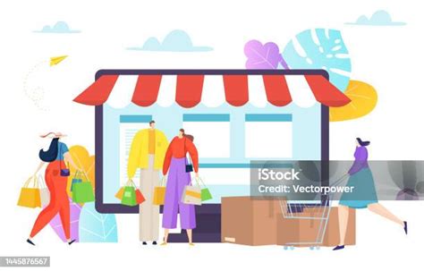 온라인 쇼핑 데스크톱 응용 프로그램 작은 캐릭터 함께 구매 물건 웹 스토어 평면 벡터 그림 흰색에 격리 개념에 대한 스톡 벡터 아트 및 기타 이미지 Istock