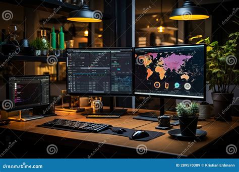 Ai Workstation With Multi Screen Setup Showing Vibrant Data Analytics For A Full Ai Insight