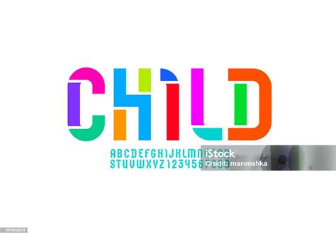 스텐실 컬러 글꼴 응축 된 밝은 알파벳 현대 기하학적 모듈 문자 및 숫자 벡터 일러스트 10eps 두꺼운에 대한 스톡 벡터 아트