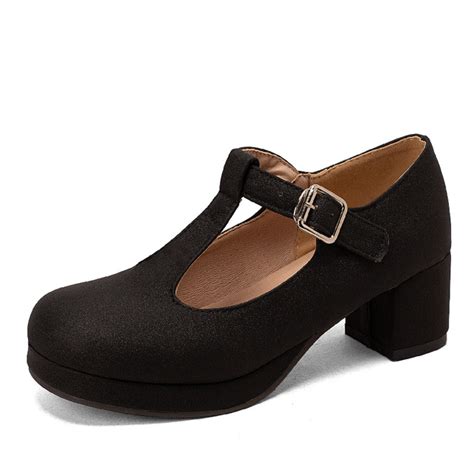 Lib Round Toe Chunky Heels Buckle T Straps Mary Janes Satin Pumps
