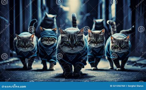 A Group Of Criminal Cats Wearing Clothes Are Walking Down A Street Ai