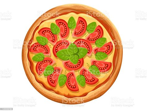 토마토 허브와 치즈를 곁들인 맛있는 피자 흰색 배경에 고립 된 이탈리아 패스트 푸드 식사 벡터 일러스트 레이 션 0명에 대한
