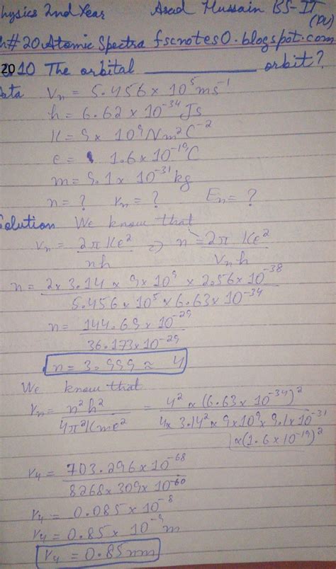 Fsc Ics Notes Physics Xii Chapter 20 Atomic Spectra Numerical Problems