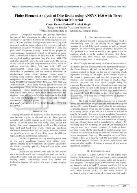 Pdf Finite Element Analysis Of Disc Brake Using Ansys 16 0