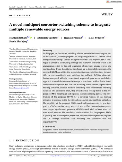 Circuit Theory Apps 2022 Bizhani A Novel Multiport Converter Switching Scheme To Integrate