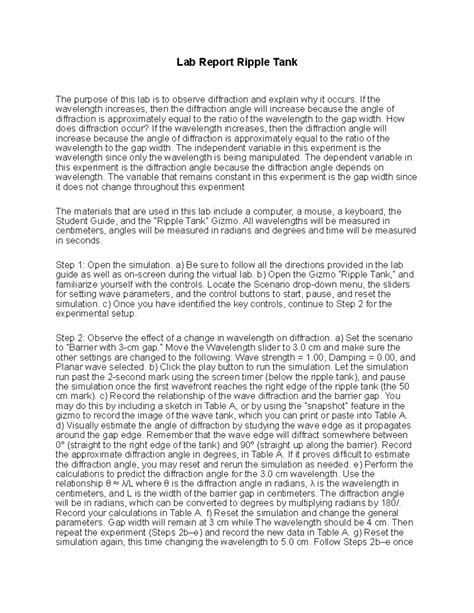 Lab Report Essay Lab Report Ripple Tank The Purpose Of This Lab Is