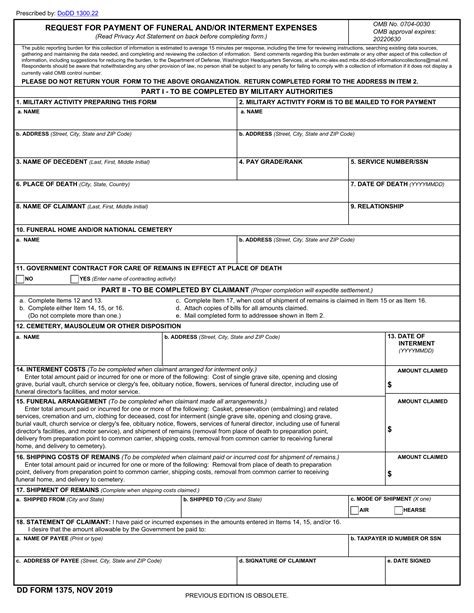 Dd Form 1375 Request For Payment Of Funeral And Or Interment Expenses Document Template