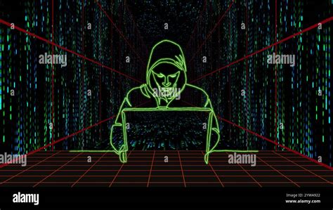 Hacker In Digital World Neon Data Streams And Cyber Security