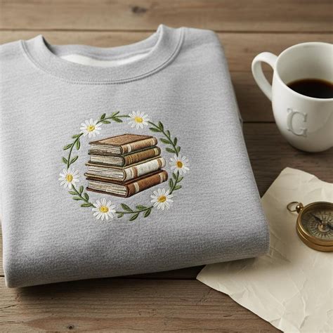 Book Stack Daisy Wreath Embroidered Sweatshirt Cottagecore Book Lover