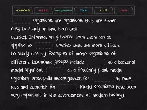 Braes AH Biology Unit C Model Organisms Missing Word Summary Complete The Sentence