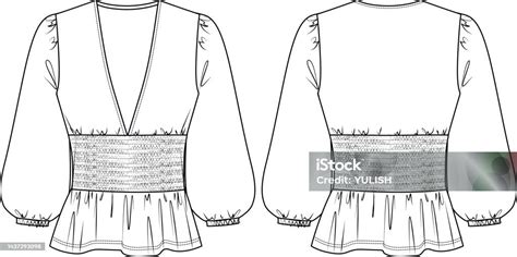 벡터 V 넥 블라우스 스모크 디테일 패션 Cad 긴 풍선 소매 탑 기술 도면 스케치 플랫 템플릿 저지 또는 짠 직물 티셔츠 앞면
