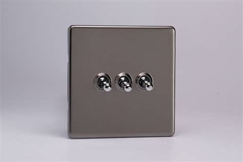 Varilight Flat Plate Screwless Pewter 3 Gang 10a 1 Or 2 Way Toggle