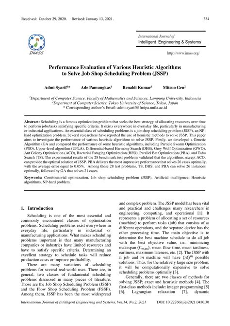 Pdf Performance Evaluation Of Various Heuristic Algorithms To Solve Job Shop Scheduling
