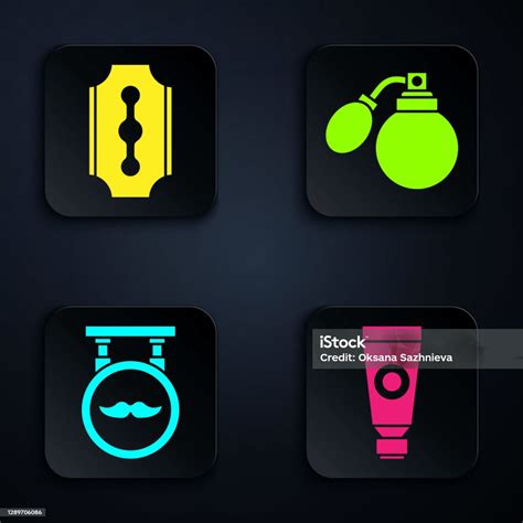 크림 또는 로션 화장품 튜브 블레이드 면도기 이발소 및 후면도 병을 분무기로 설정합니다 검은 색 사각형 버튼 벡터 가장자리에 대한 스톡 벡터 아트 및 기타 이미지 Istock