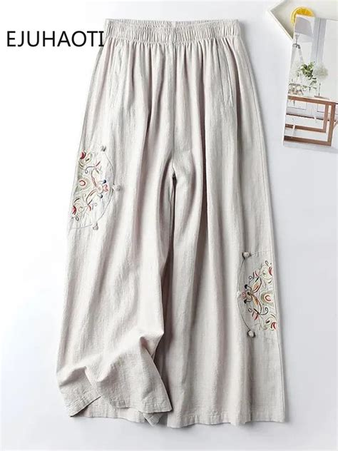 여성용 얇은 레트로 에스닉 스타일 자수 와이드 레그 바지 코튼 리넨 캐주얼 바지 9 번째 등장 여름 2023 신상 Aliexpress