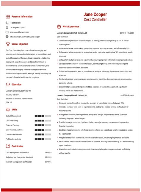 Cost Controller Resume Example