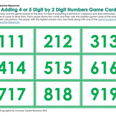 Adding 5 Digit And 3 Digit Numbers Game Cards Number Games Card Games Teacher Resources