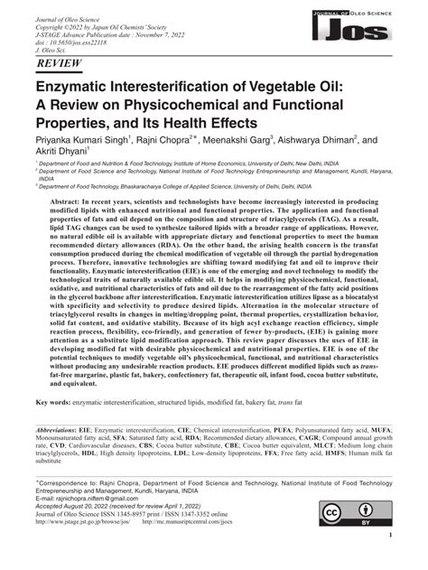 Pdf Enzymatic Interesterification Of Vegetable Oil A Review On Physicochemical And Functional